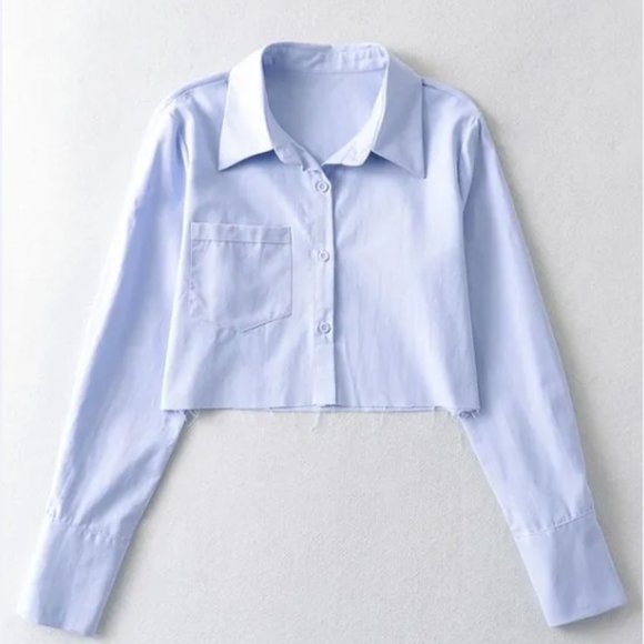 Tops | New With Tags Light Blue Cropped Button Up Collar Shirt | Poshmark